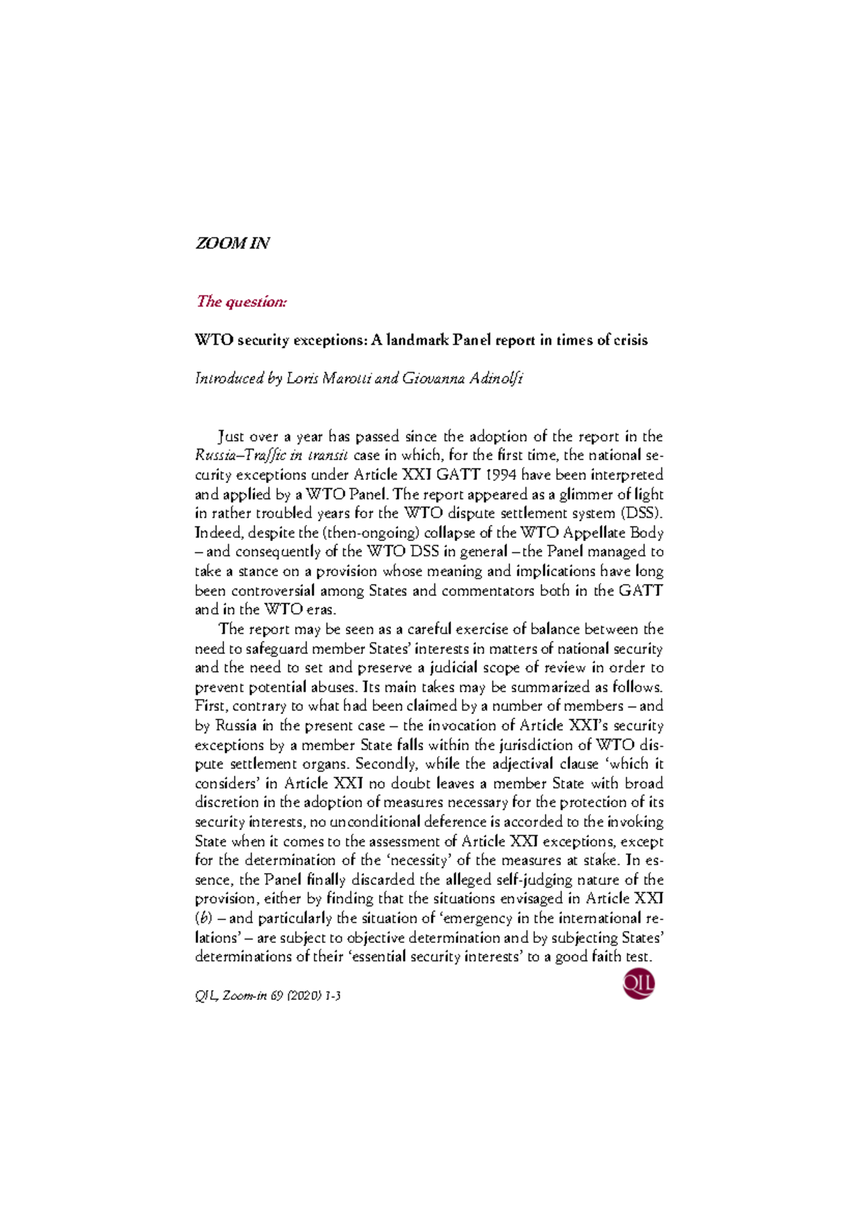 01 WTO-Security-exceptions Intro FIN - QIL, Zoom-in 69 (2020) 1- ZOOM ...