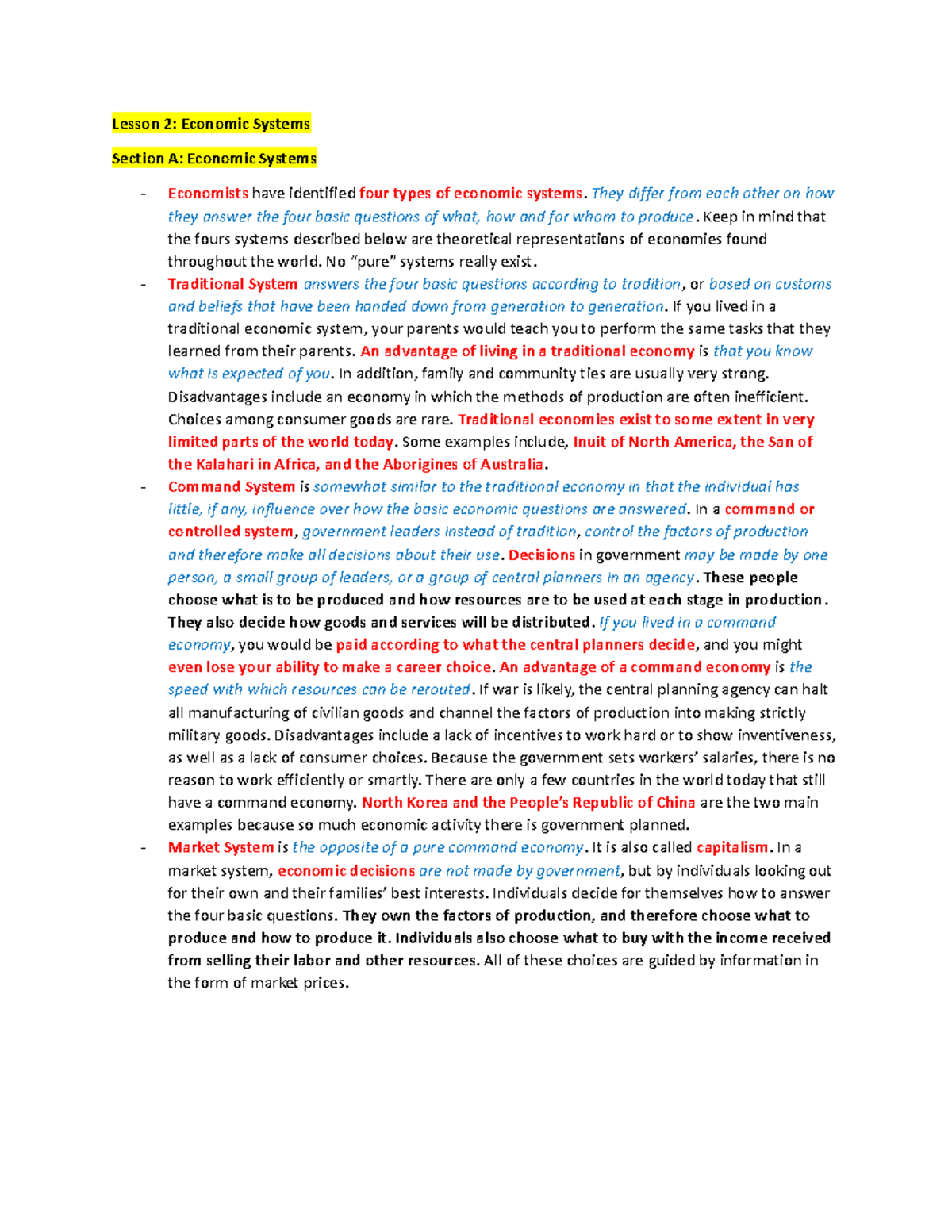 Lesson 2 Summary - Nothing much - Lesson 2: Economic Systems Section A ...