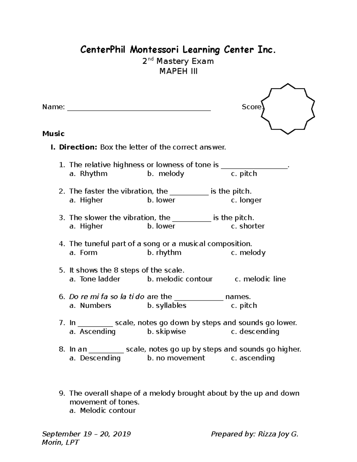 2MT- Mapeh 3 - exam - CenterPhil Montessori Learning Center Inc. 2 nd ...
