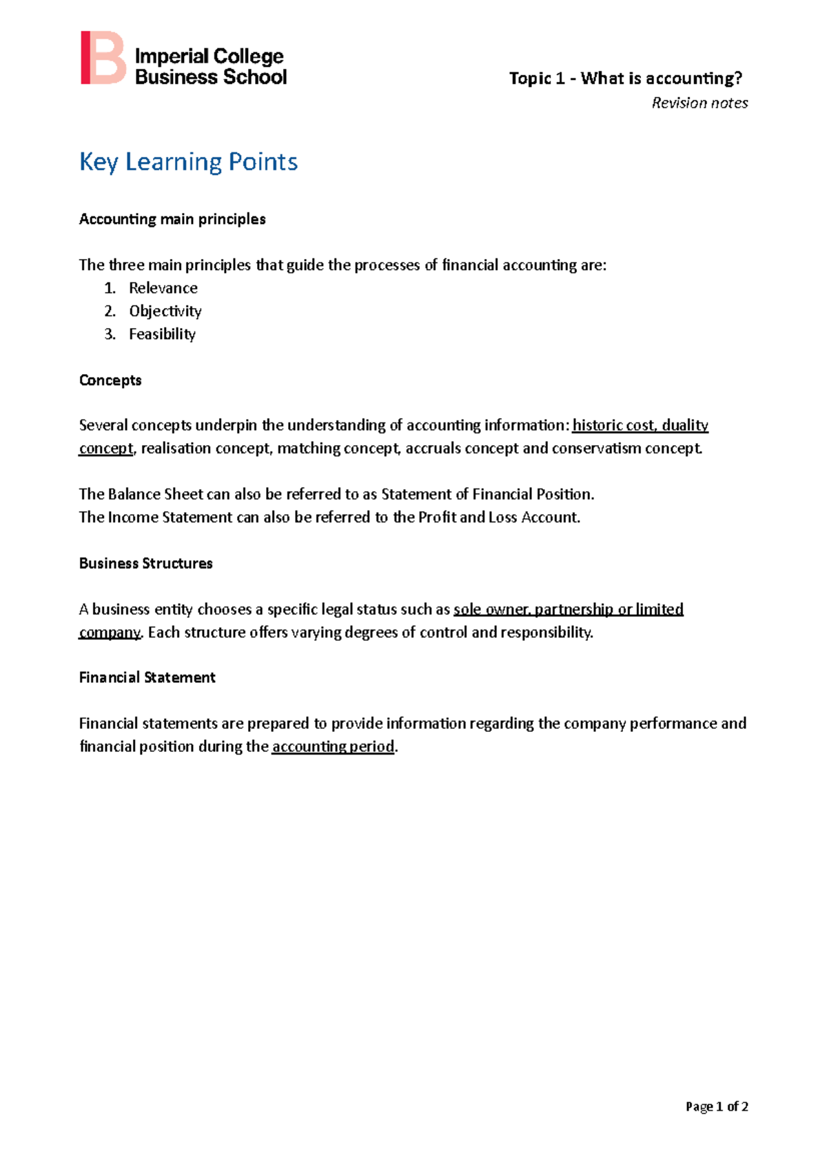 ICBS001 accounting topic 1 revision notes - Topic 1 ‐ What is accounng ...