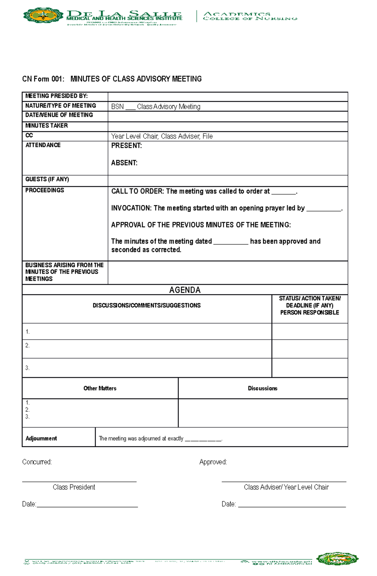 CN-Form-001 - Minutes-OF- Class- Advisory- Meeting - CN Form 001 ...