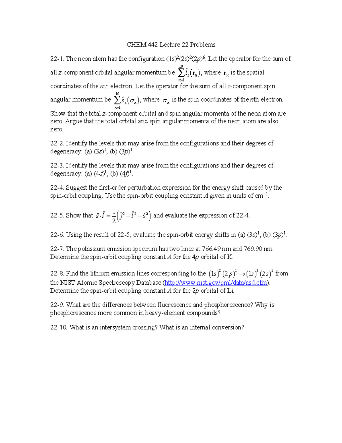 Physical Chem 442 Lecture 22 Problems - CHEM 442 - Illinois - Studocu