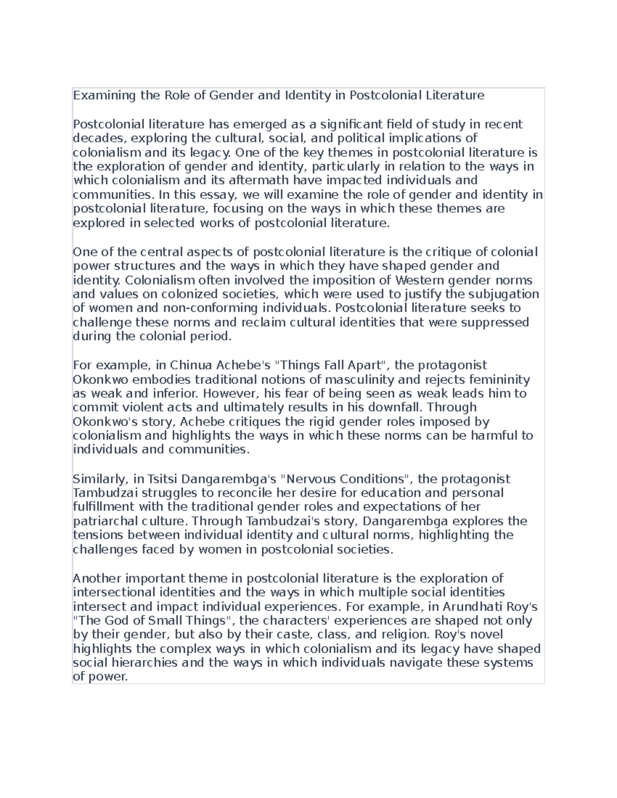 Examining the Role of Gender and Identity in Postcolonial Literature ...