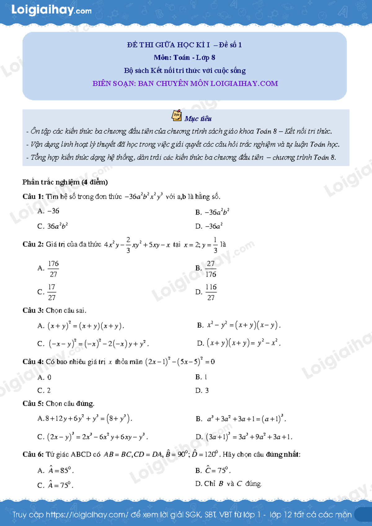 De kiem tra giua hoc ki 1 toan 8 de so 1 ket noi tri thuc 1696233926 - ĐỀ THI GIỮA HỌC KÌ I – Đề ...