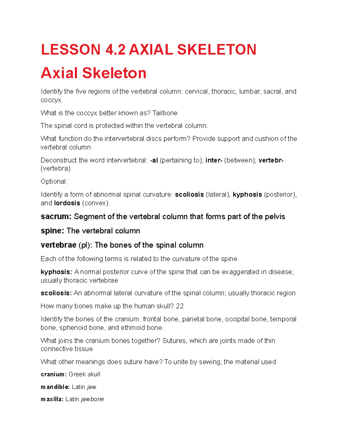 Lesson 4.2 Axial Skeleton - LESSON 4 AXIAL SKELETON Axial Skeleton ...