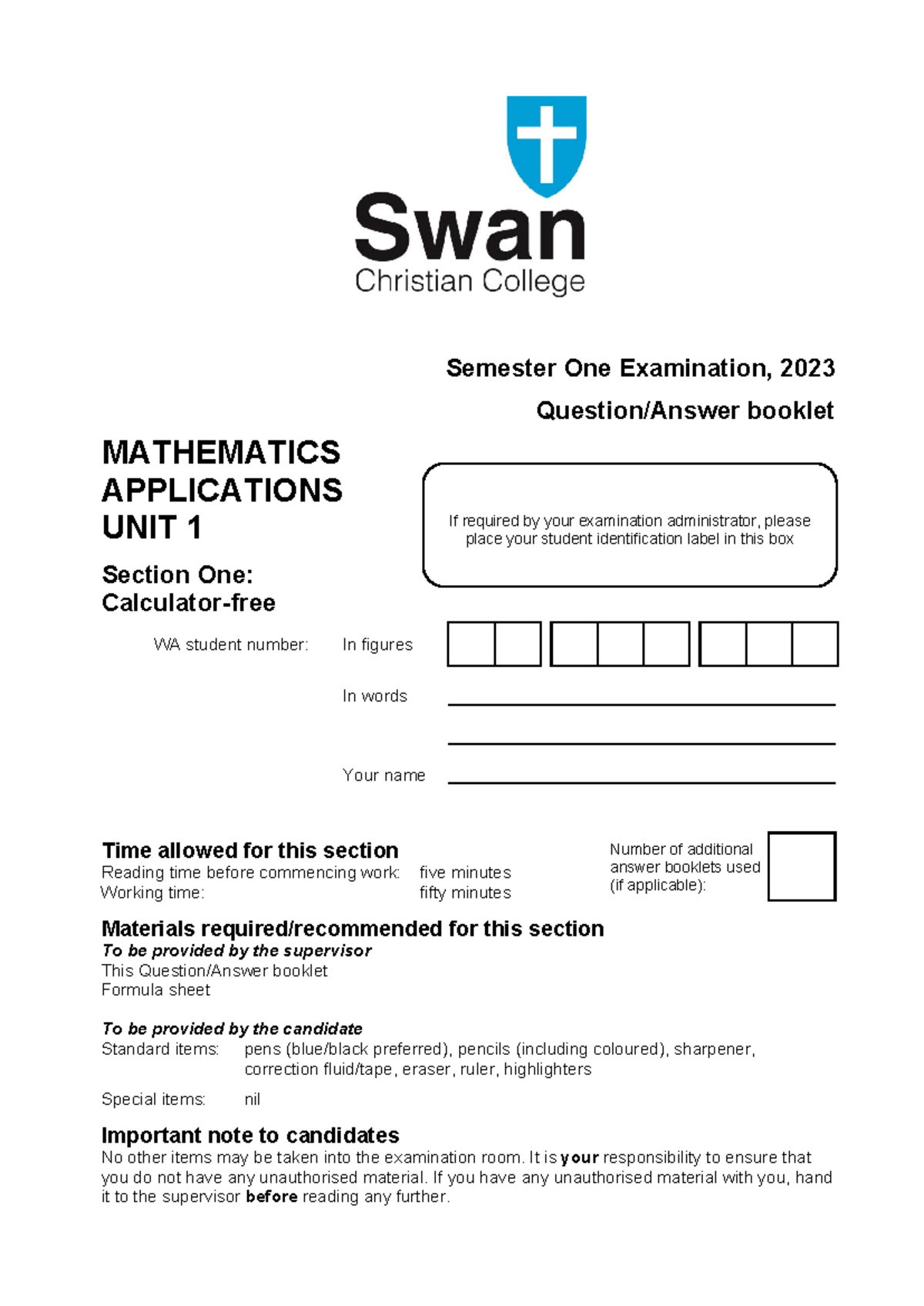 WAEP 2023 YR11 APPS U1 S1 NO SOLS - Semester One Examination, 2023 ...