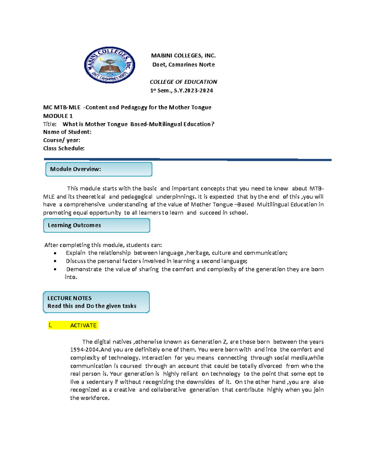 MTB-MLE Handouts - MABINI COLLEGES, INC. Daet, Camarines Norte COLLEGE ...
