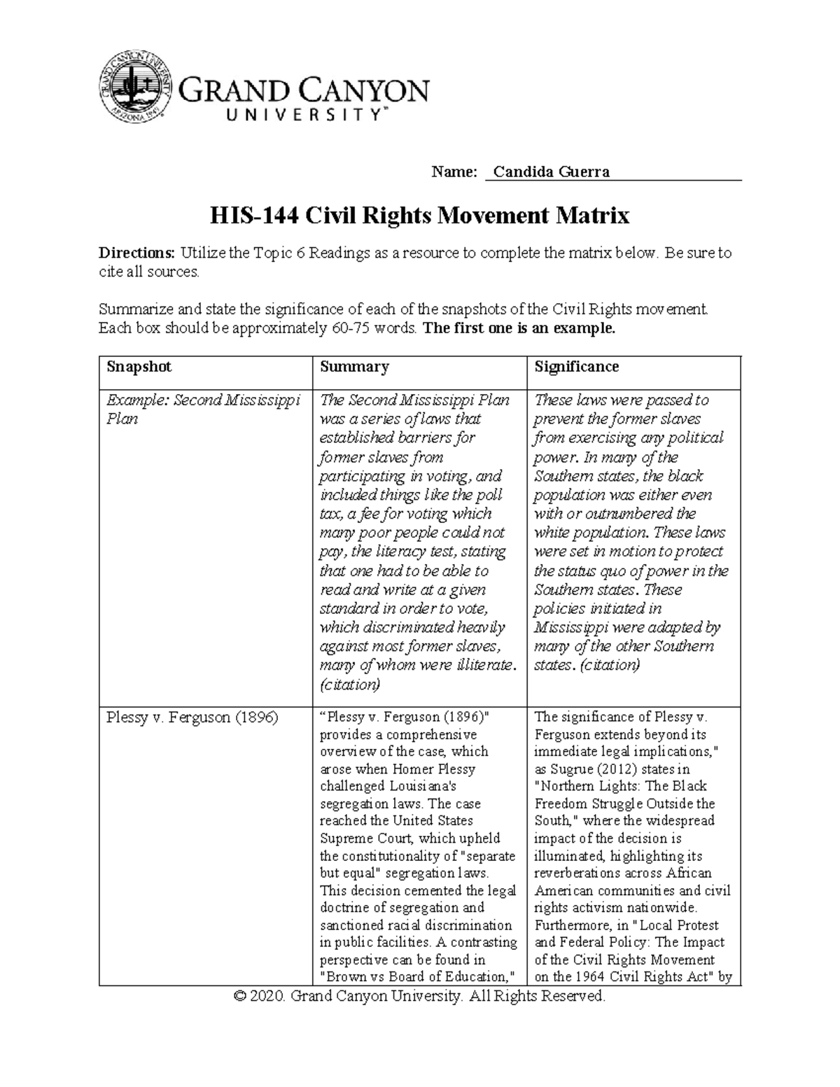 HIS-144-T6 Civil Rights Movement Matrix Online - Name: Candida Guerra ...