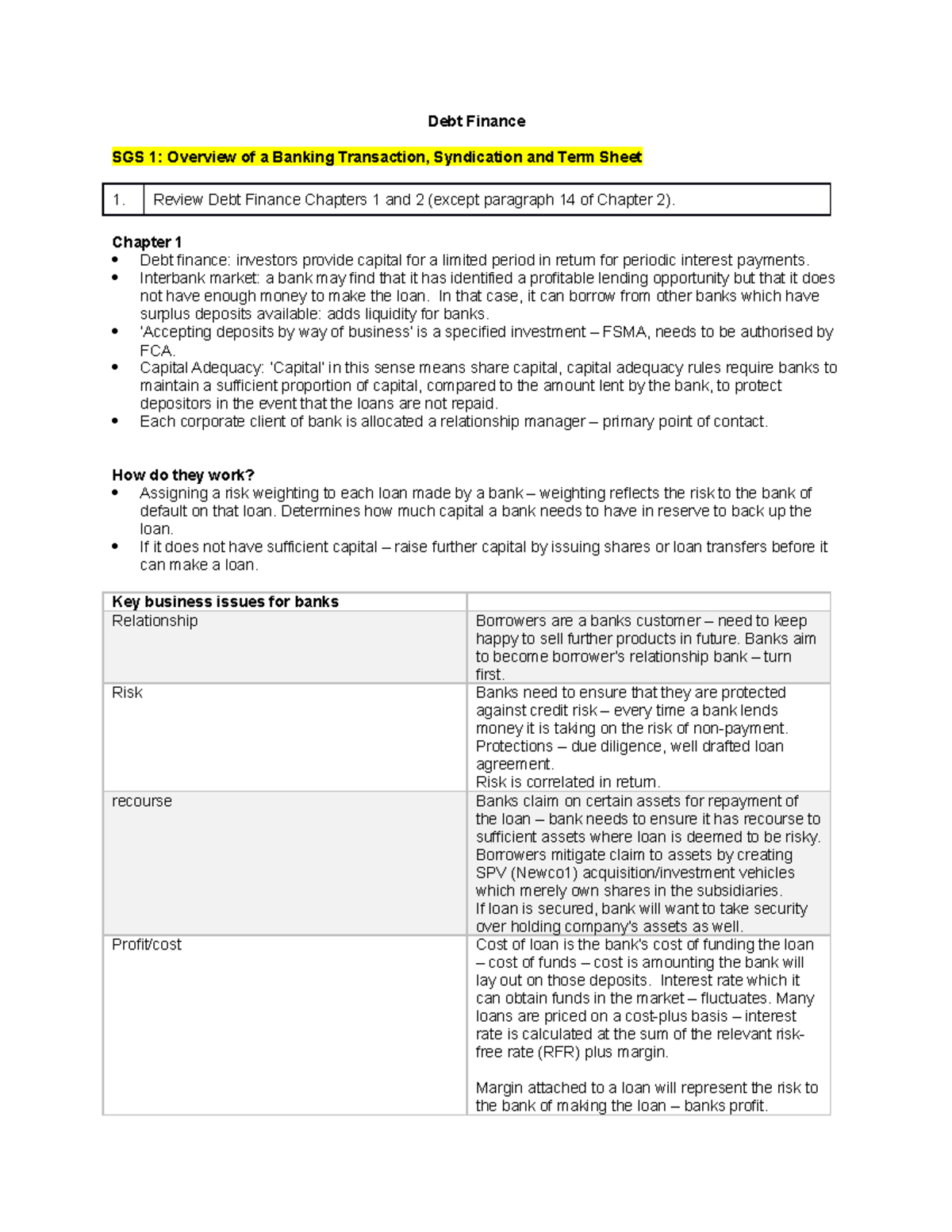 Debt Finance Complete Notes - Debt Finance SGS 1: Overview of a Banking ...