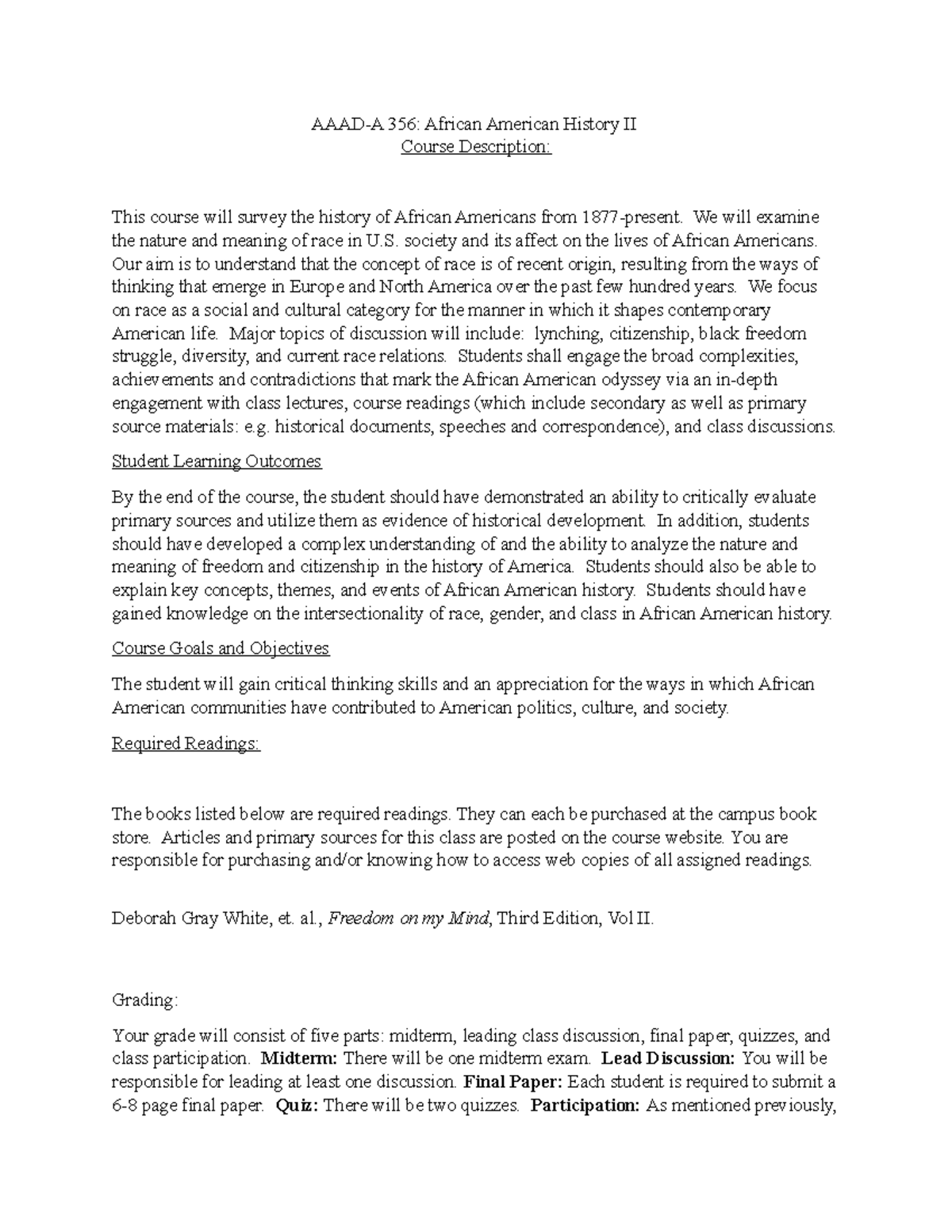 AA History 2 Syllabus - Aangeboren Aandoeningen - AAAD-A 356: African ...