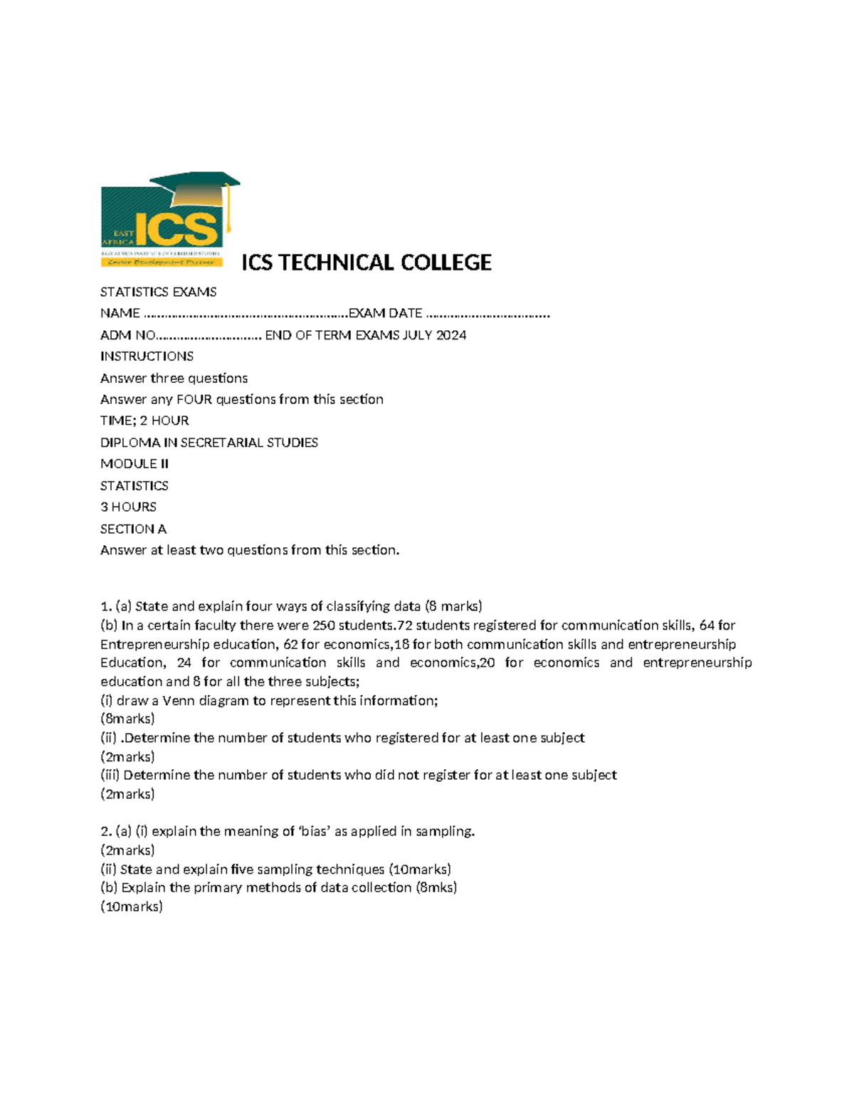 Statistics exam - ICS TECHNICAL COLLEGE STATISTICS EXAMS NAME - Studocu