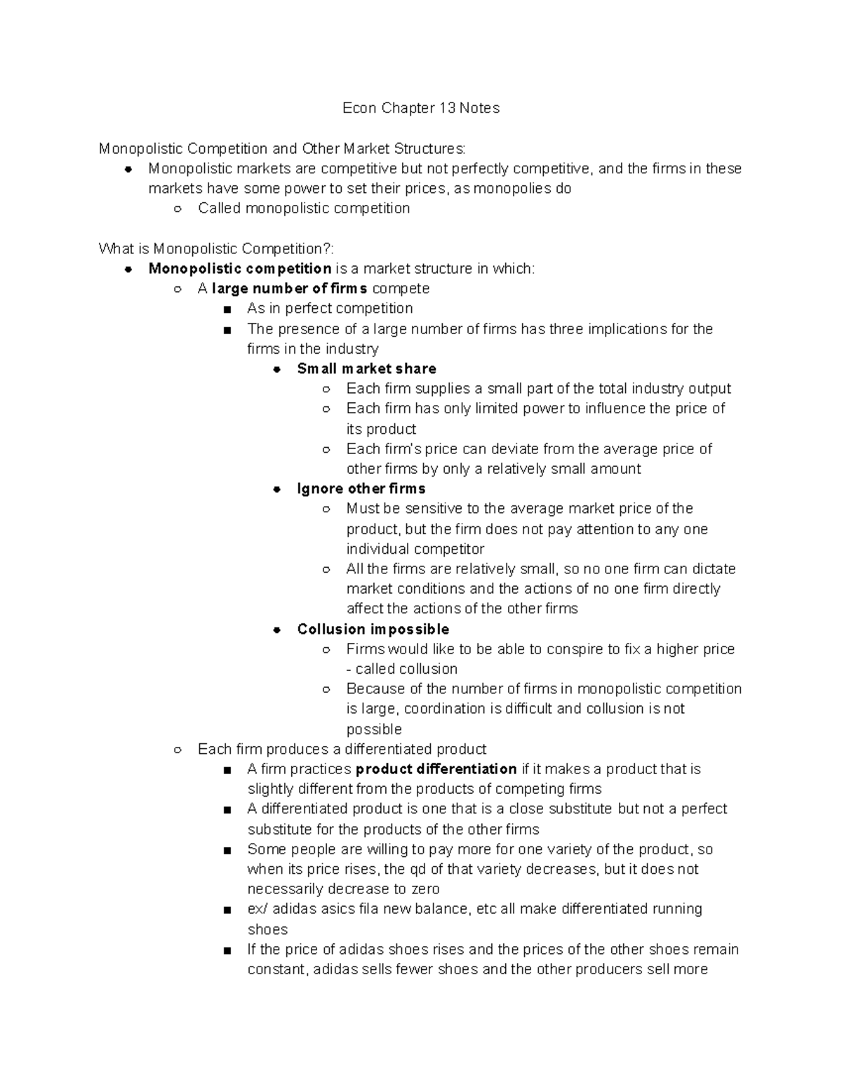 Econ Chapter 13 Notes - Econ Chapter 13 Notes Monopolistic Competition ...