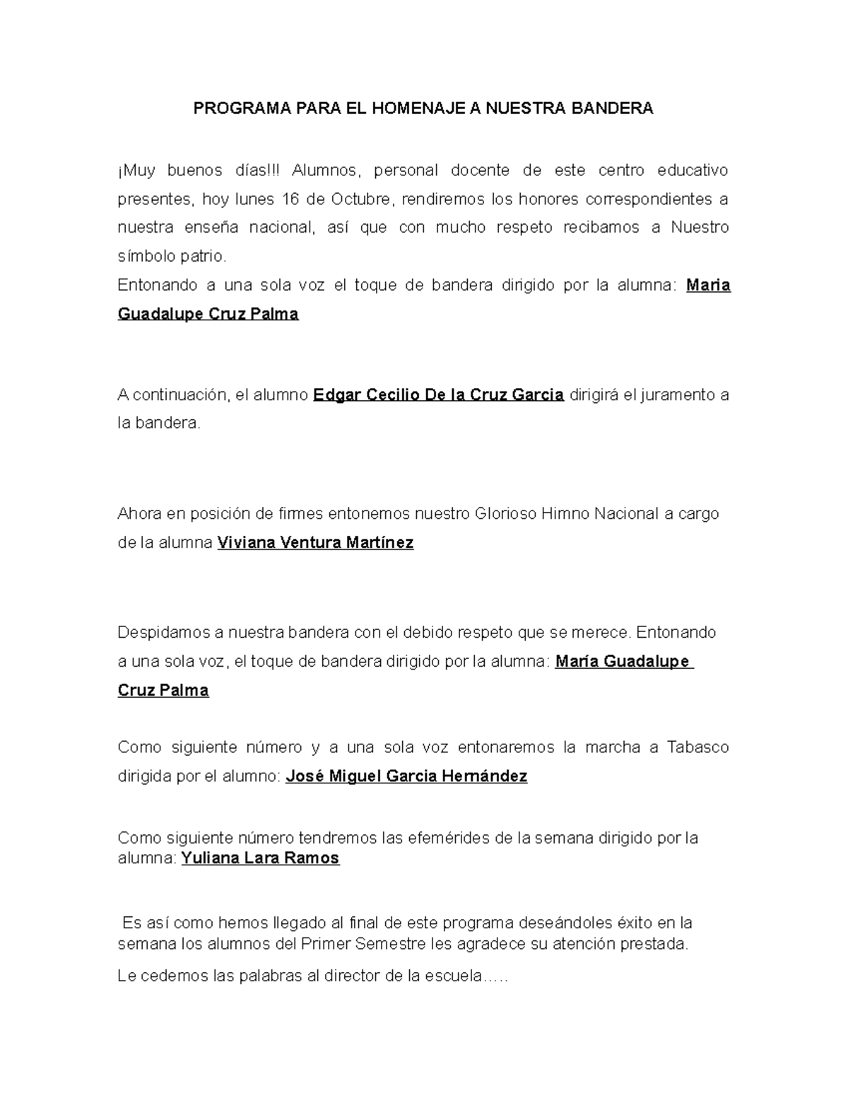 Programa PARA EL Homenaje - PROGRAMA PARA EL HOMENAJE A NUESTRA BANDERA ...