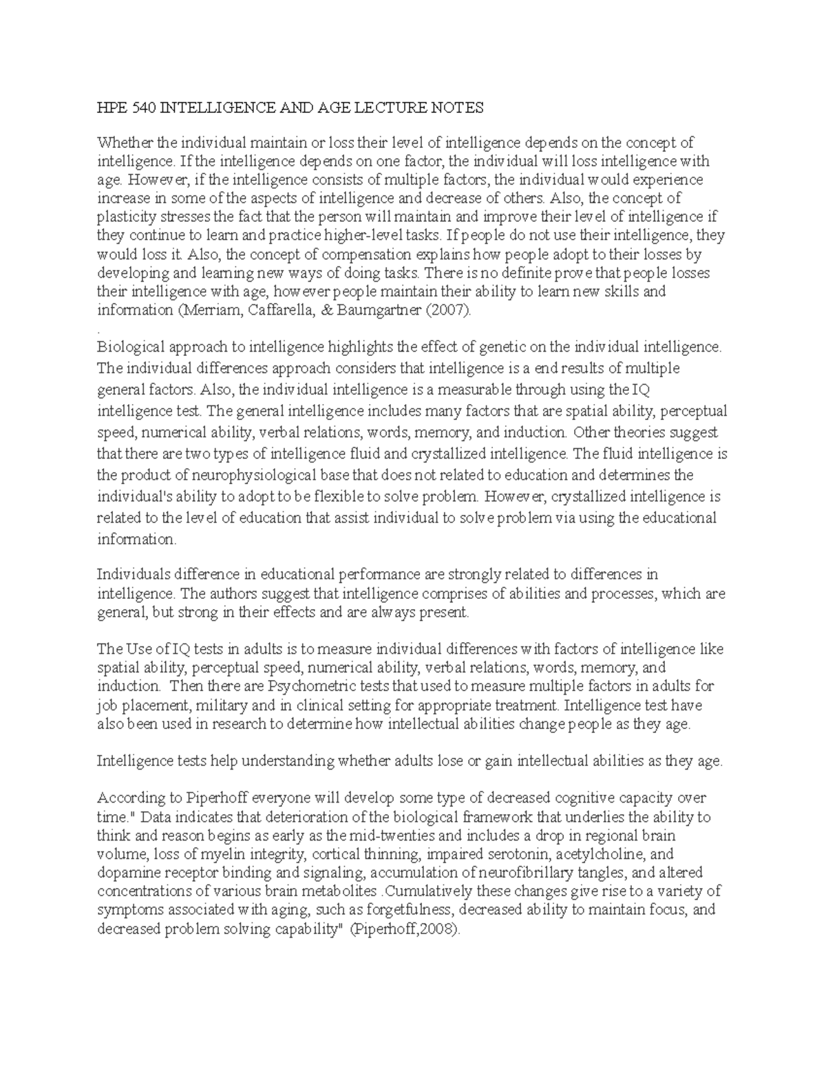 HPE 540 Intelligence AND AGE Lecture Notes - HPE 540 INTELLIGENCE AND ...