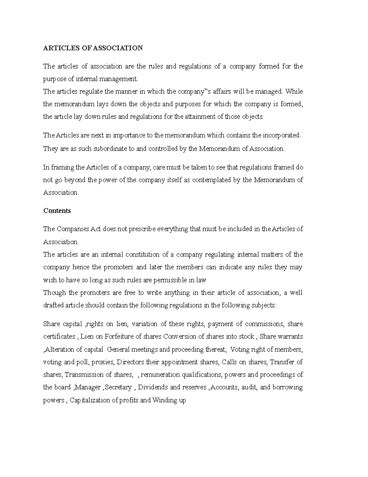 Articles of Association - The articles regulate the manner in which the ...