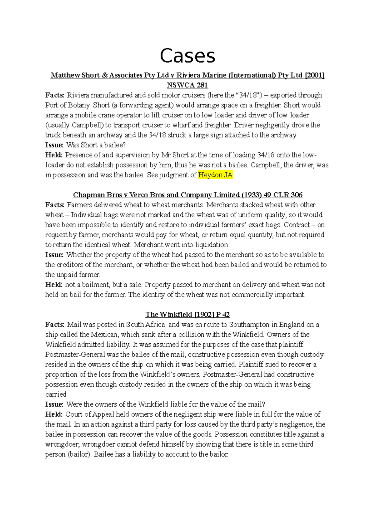 LLB204 - 3 - Bailment - This document contains case notes, tutorial ...