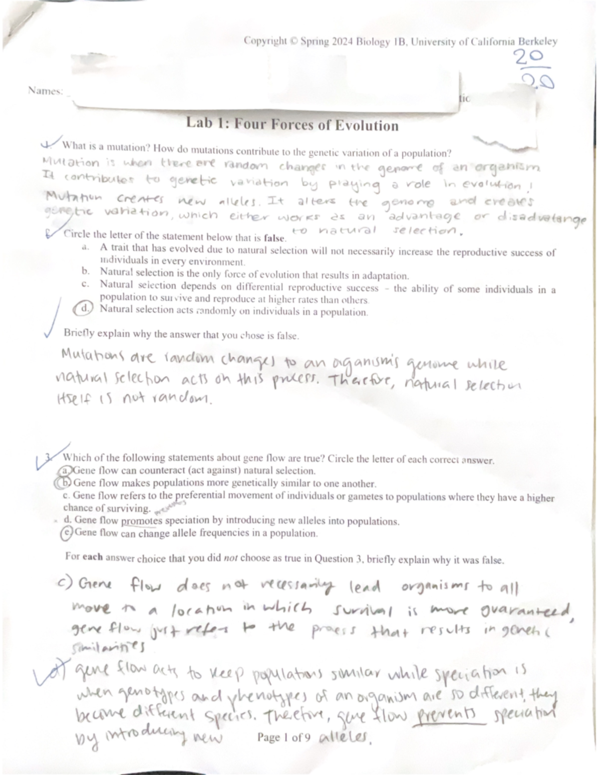 Lab 1 Four Forces of Evolution - Copyright © Spring 2024 Biology IB ...