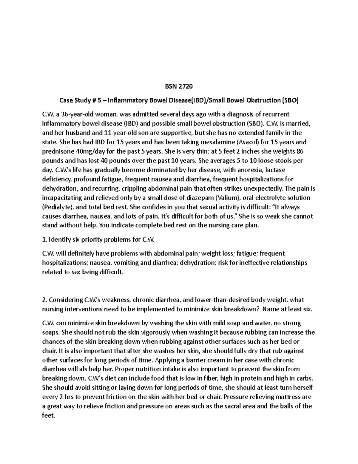 Case Study 5 - n/a - BSN 2720 Case Study # 5 – Inflammatory Bowel ...