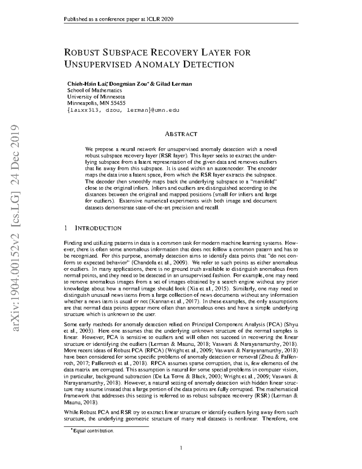 ROBUST SUBSPACE RECOVERY LAYER FOR UNSUPERVISED ANOMALY DETECTION ...