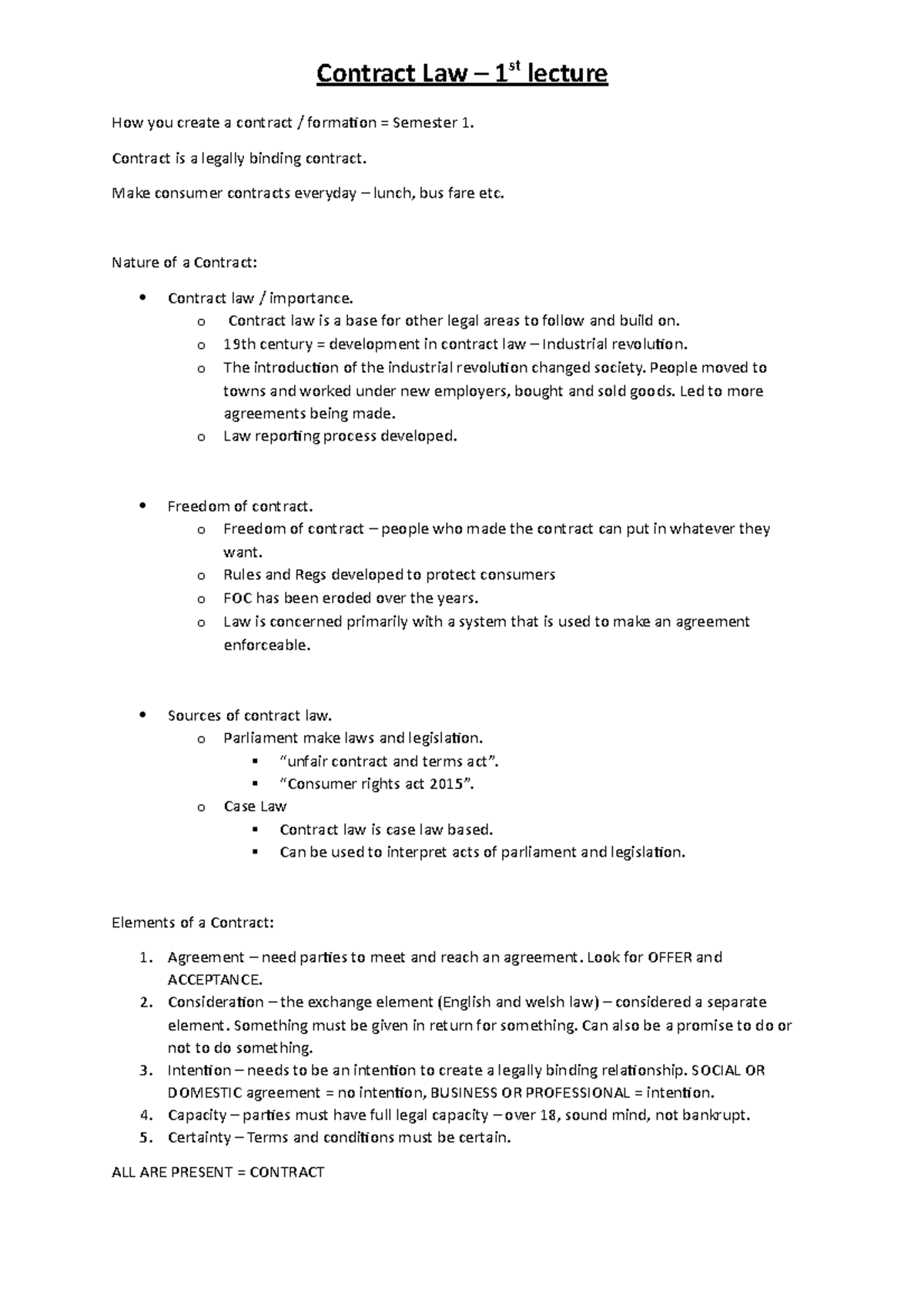 Lecture 1 Rough notes - Contract Law – 1 st lecture How you create a ...