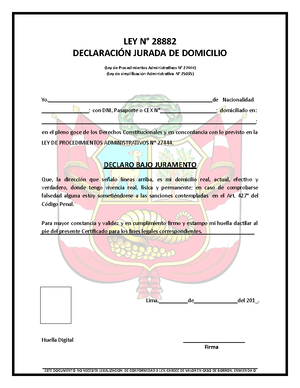 Declaracion Jurada Domiciliaria - LEY N° 28882 DECLARACIÓN JURADA DE DOMICILIO (Ley de - Studocu