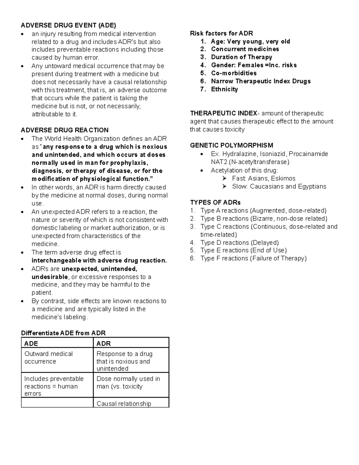 Adverse DRUG Event - ADE summary notes - ADVERSE DRUG EVENT (ADE) an ...