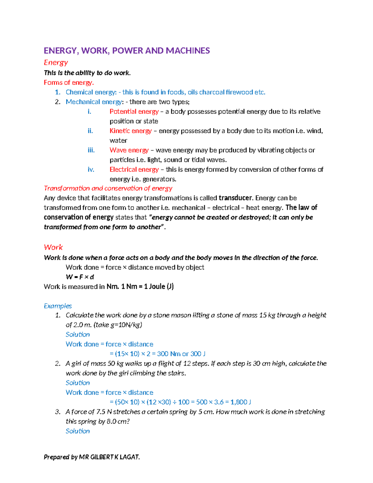 WORK Energy Power AND Machines - ENERGY, WORK, POWER AND MACHINES ...