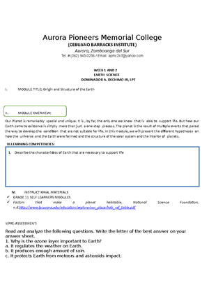 Science 10 First Quarter Lesson PLAN WEEK 1 TO 8 - Aurora Pioneers ...