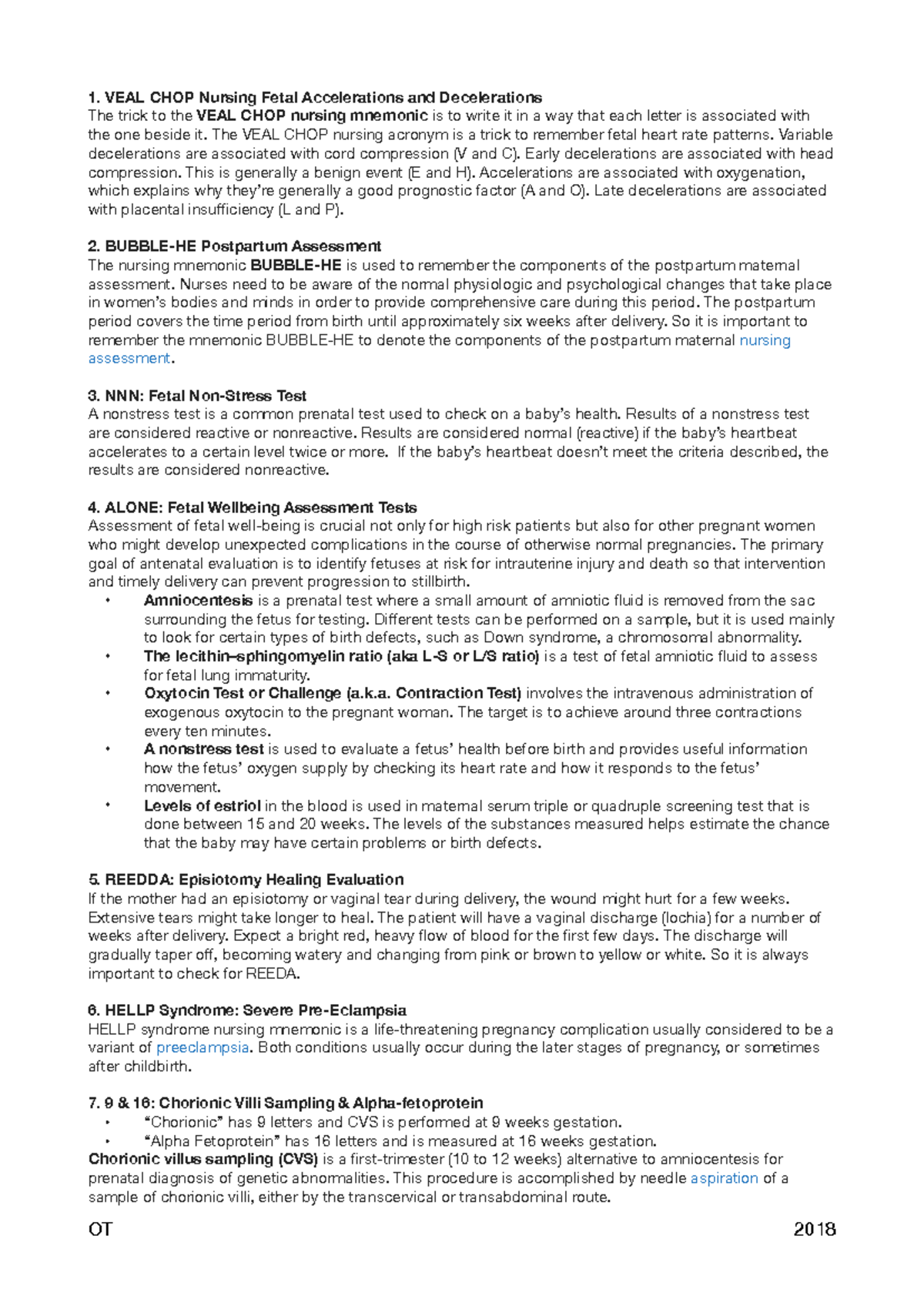 Maternal and Child Health Nursing Mnemonics & Tips - 1. VEAL CHOP ...