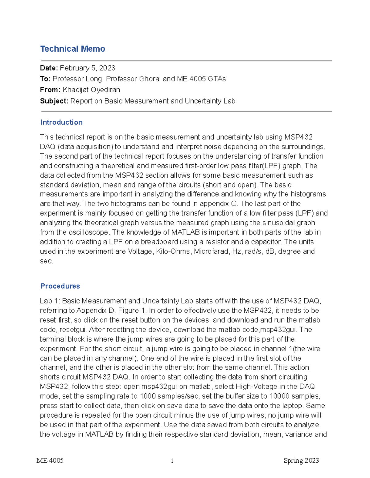 ME4005 Lab 1 - Lecture Notes - Technical Memo Date: February 5, 2023 To ...