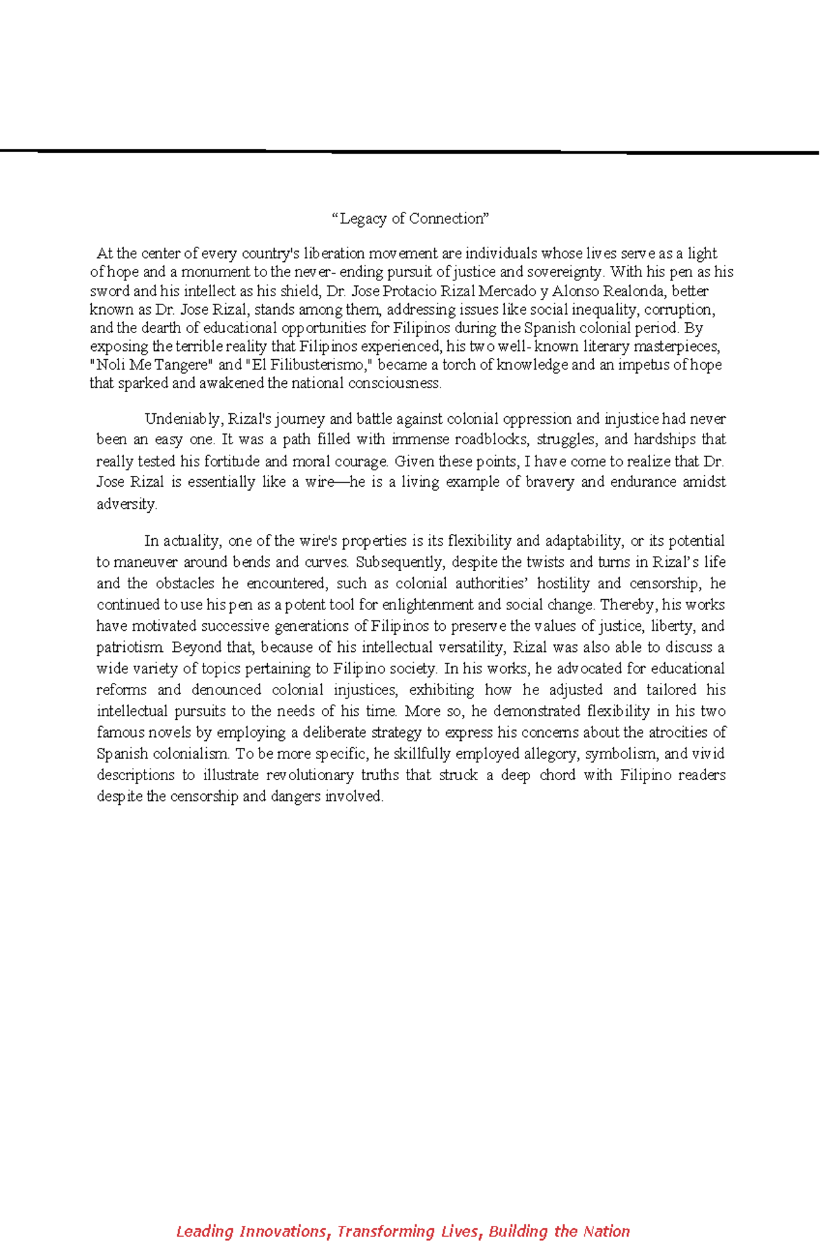 Essay - Leading Innovations, Transforming Lives, Building the Nation “Legacy of Connection” At ...