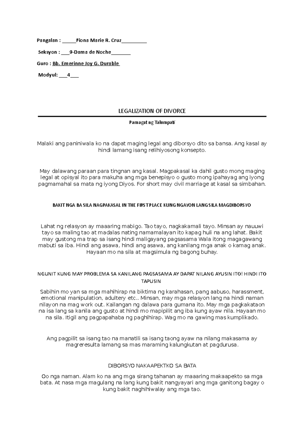 Talumpati Complete - idk - Pangalan : Fiona Marie R. Cruz____ Seksyon ...