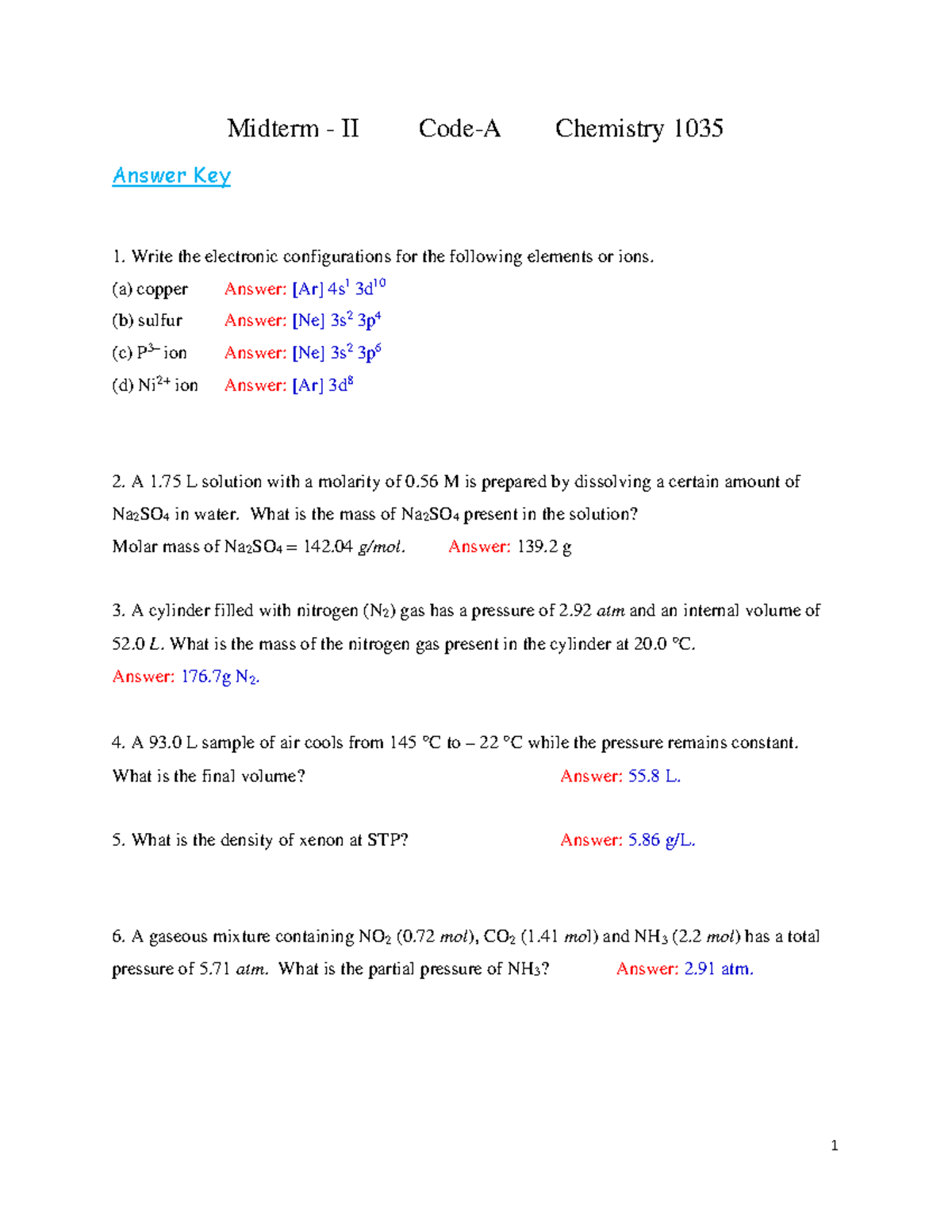 Chem-1035 Midterm-2 Answer Key - 1 Midterm - II Code-A Chemistry 1035 Answer Key Write the - Studocu