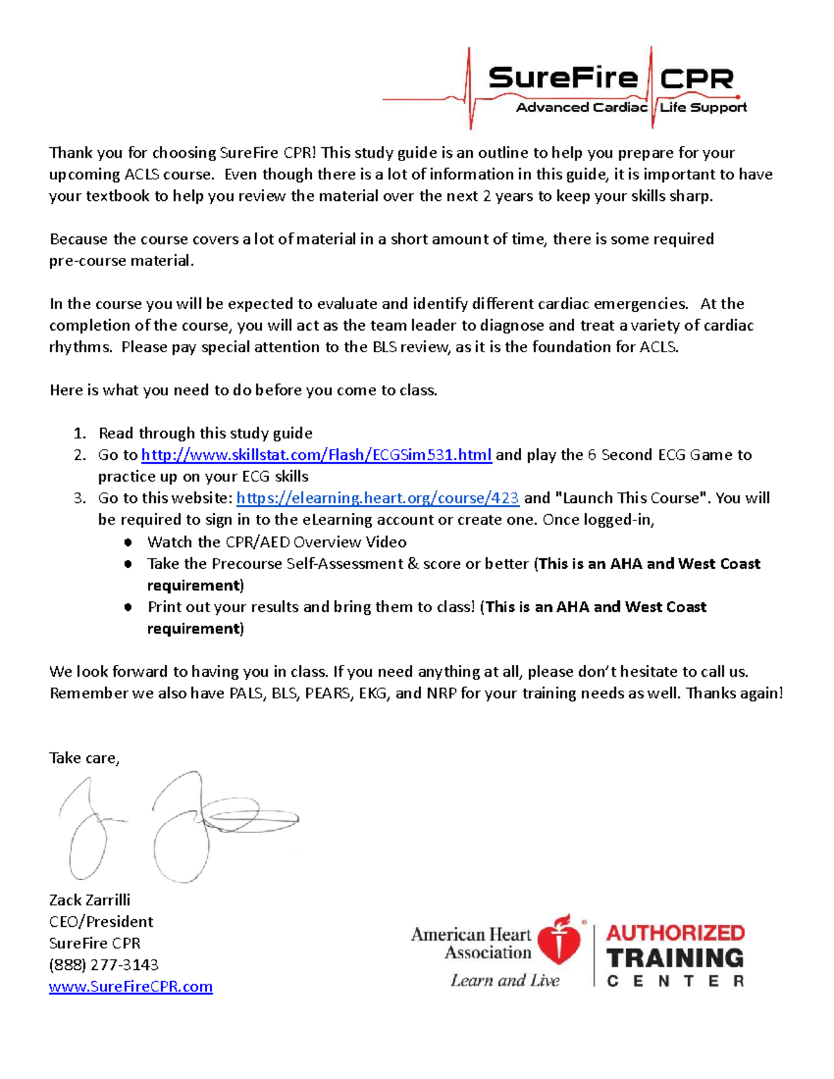 ACLS Study Guide - Thank you for choosing SureFire CPR! This study ...