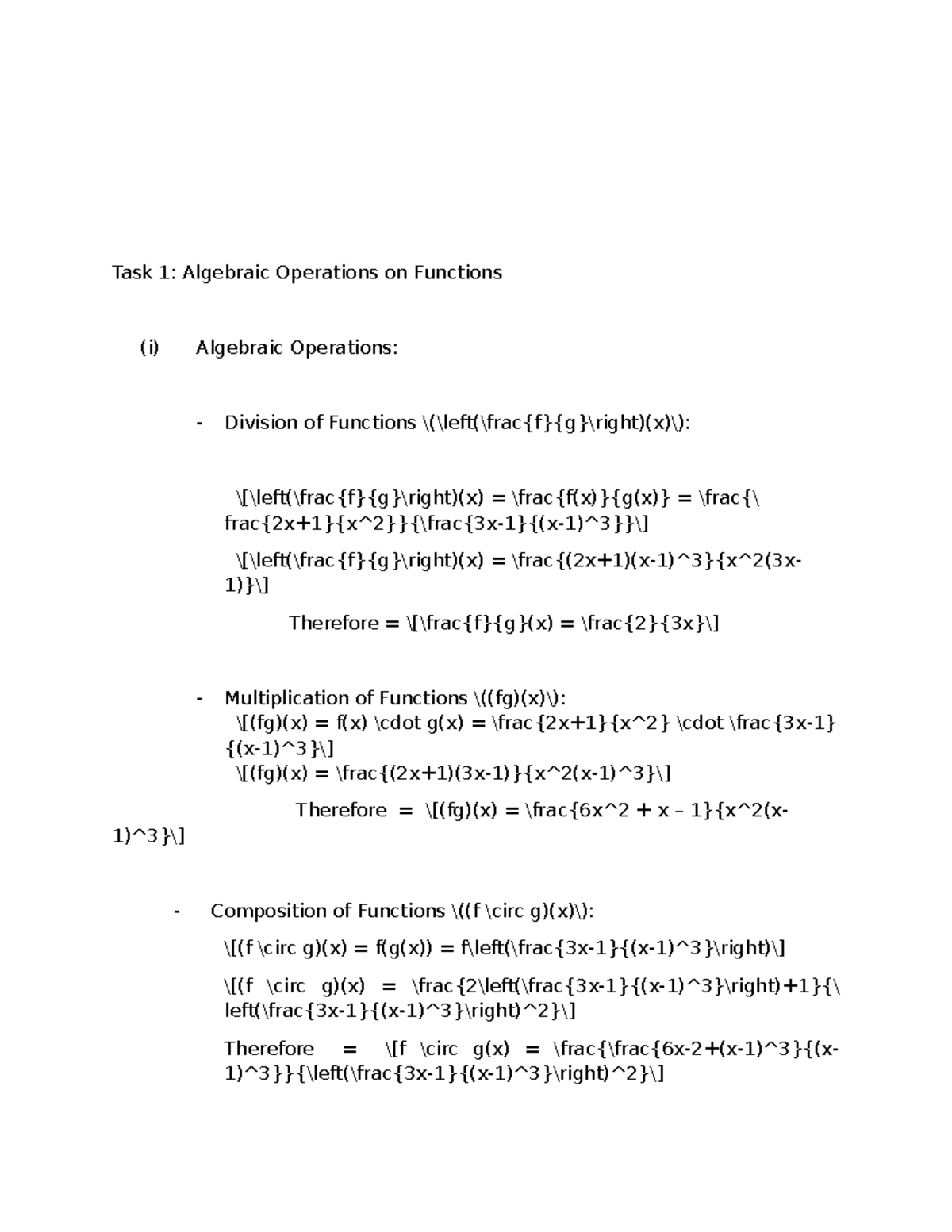 Mth1208 unit2 - MATH1208 - Task 1: Algebraic Operations on Functions (i) Algebraic Operations ...