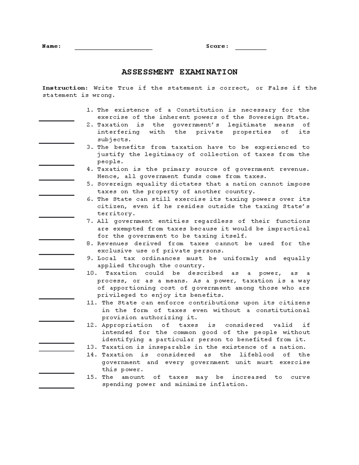 Assessment Exam - Name:____________Score: ASSESSMENT EXAMINATION ...