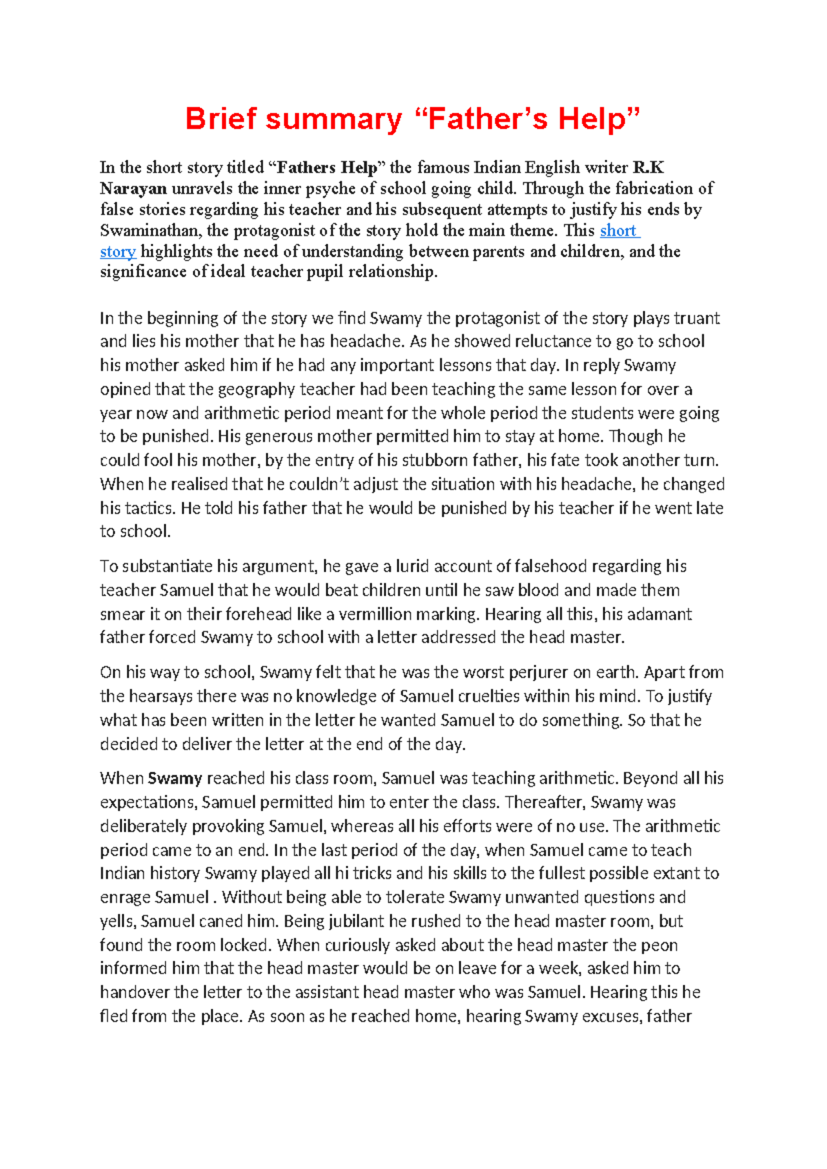 Fathers HELP - Notes for Indian Writings In English - Brief summary ...