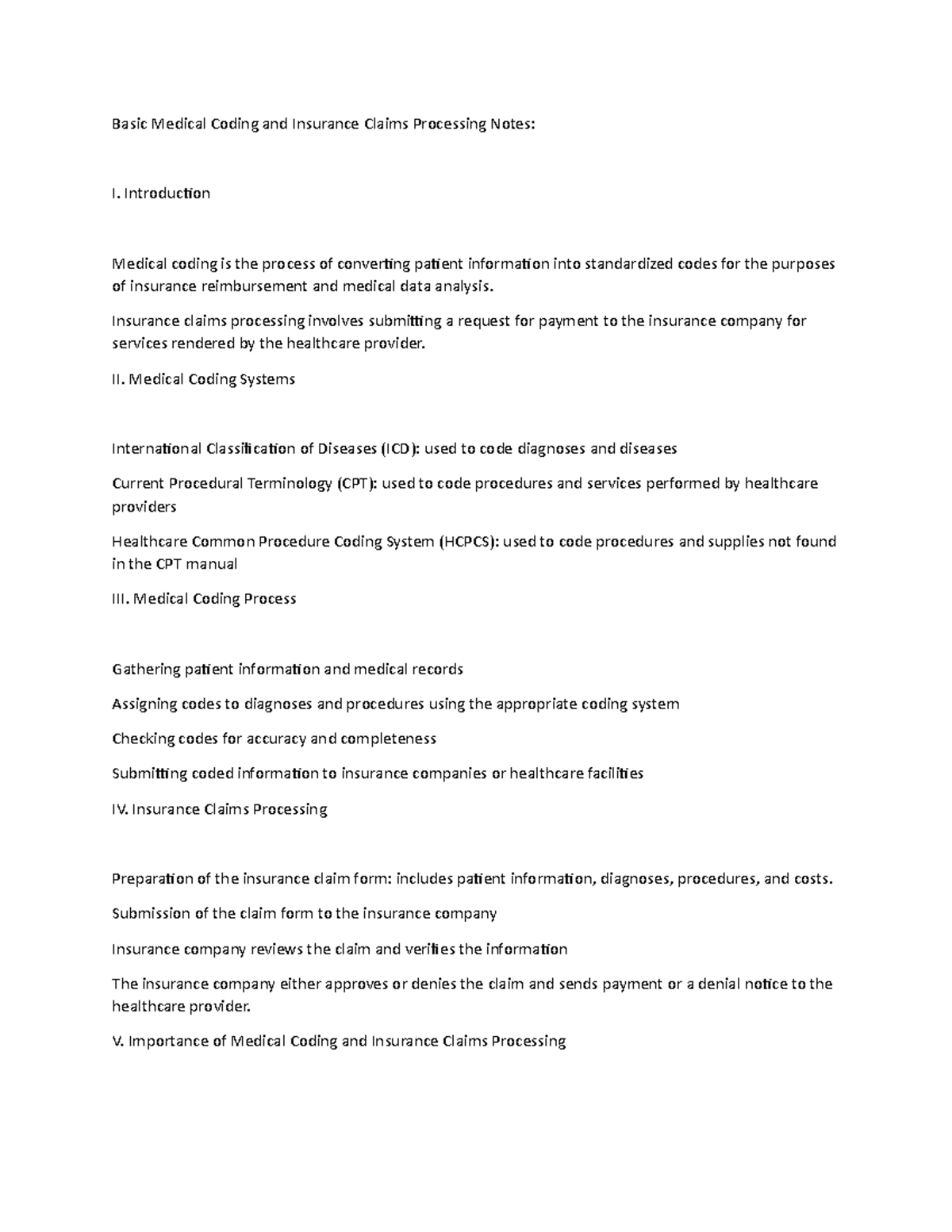 Basic Medical Coding and Insurance Claims Processing Notes ...