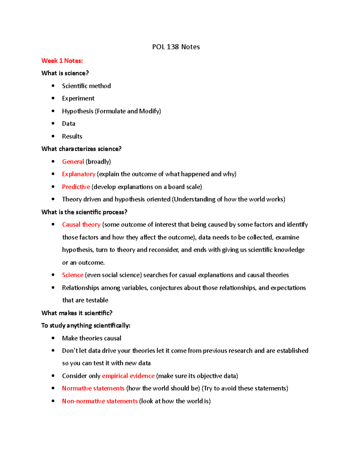 POL 138 Notes - POL 138 Notes Week 1 Notes: What is science? Scientific ...