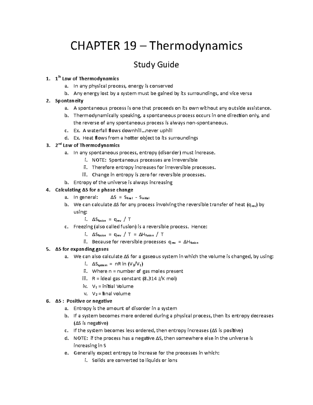 Study Guide Chap 19 - kjgliug - CHAPTER 19 – Thermodynamics Study Guide 1 St Law of ...