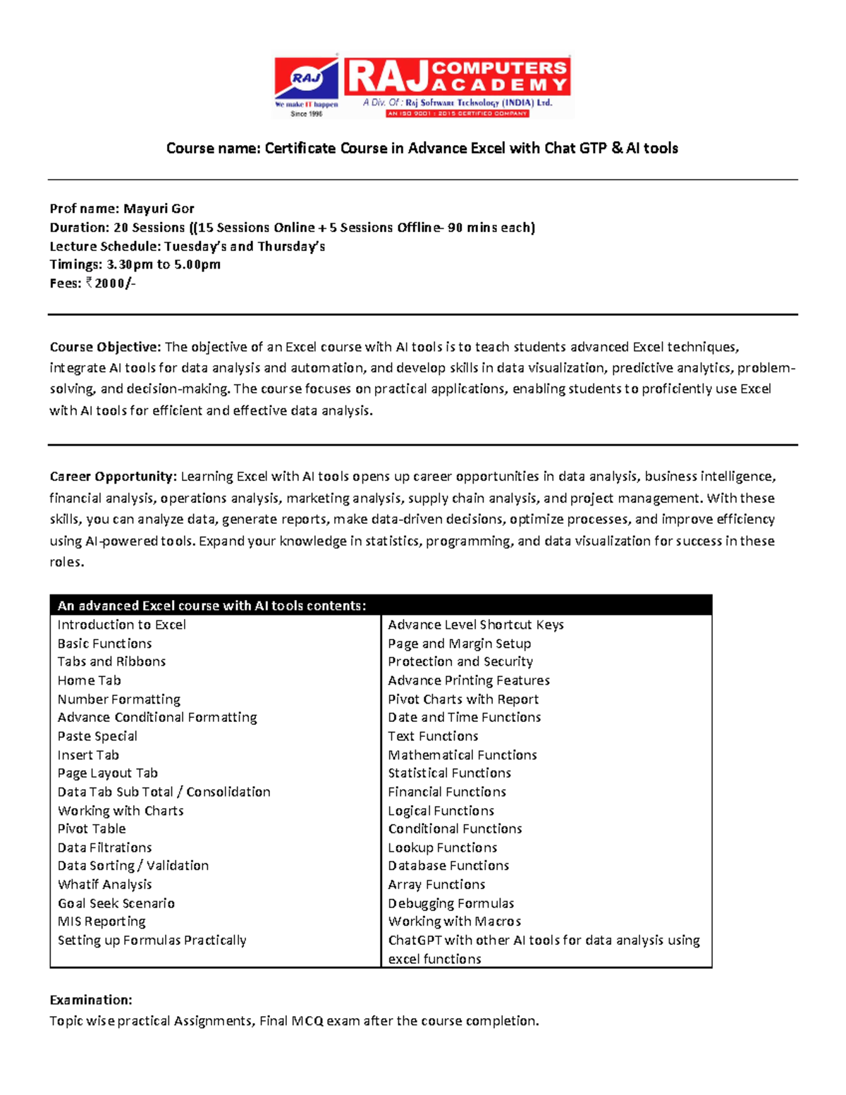 Adv Excel With Ai Tools 1 Course Name Certificate Course In Advance Excel With Chat Gtp And Ai