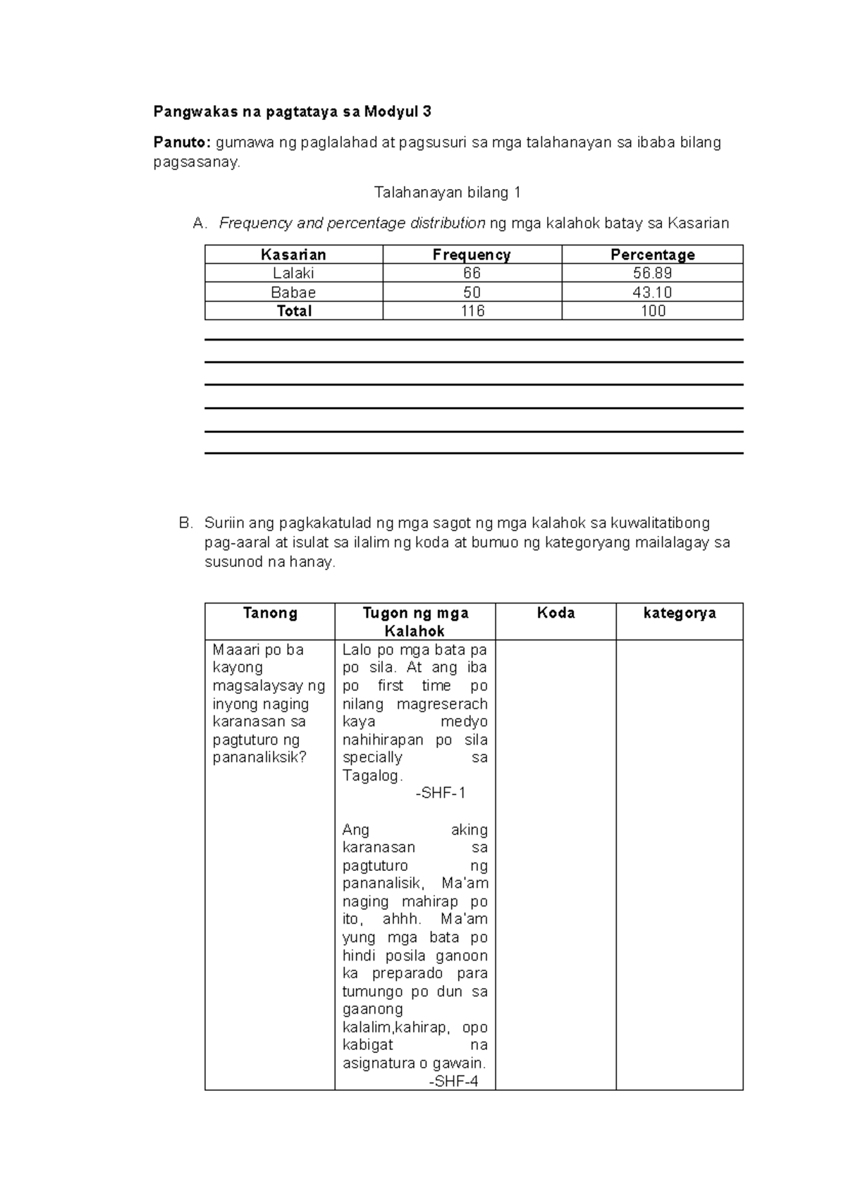 Pangwakas na pagtataya sa Modyul 3 - Talahanayan bilang 1 A. Frequency and percentage ...