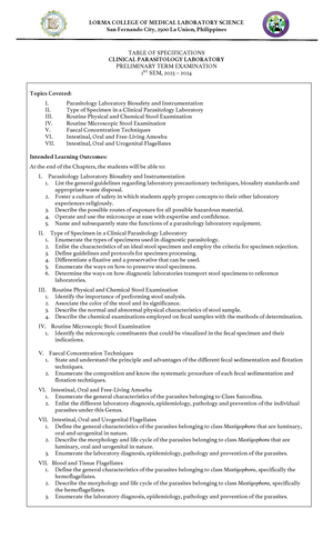 Table of Specification Sample - LORMA COLLEGE OF MEDICAL LABORATORY ...
