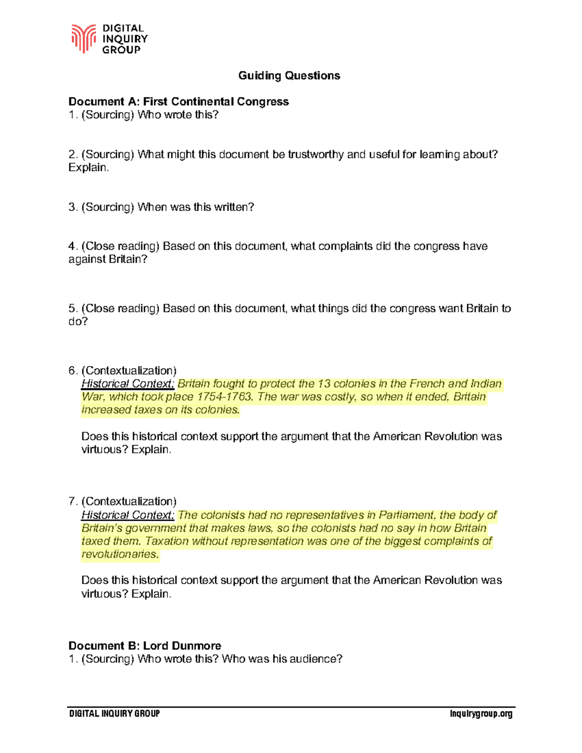 American Revolution Mini DBQ Student Materials 2 - Guiding Questions ...