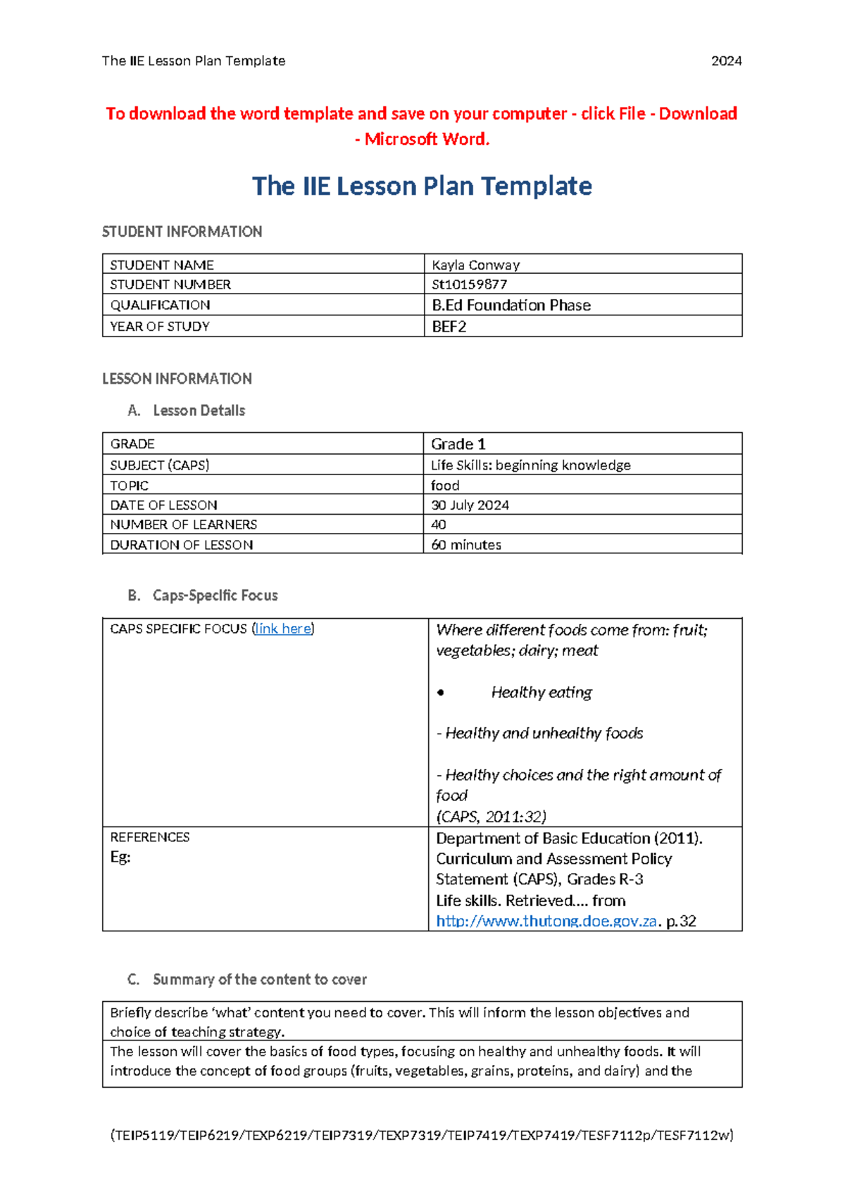 The IIE Lesson Plan Template 2024 - To download the word template and ...