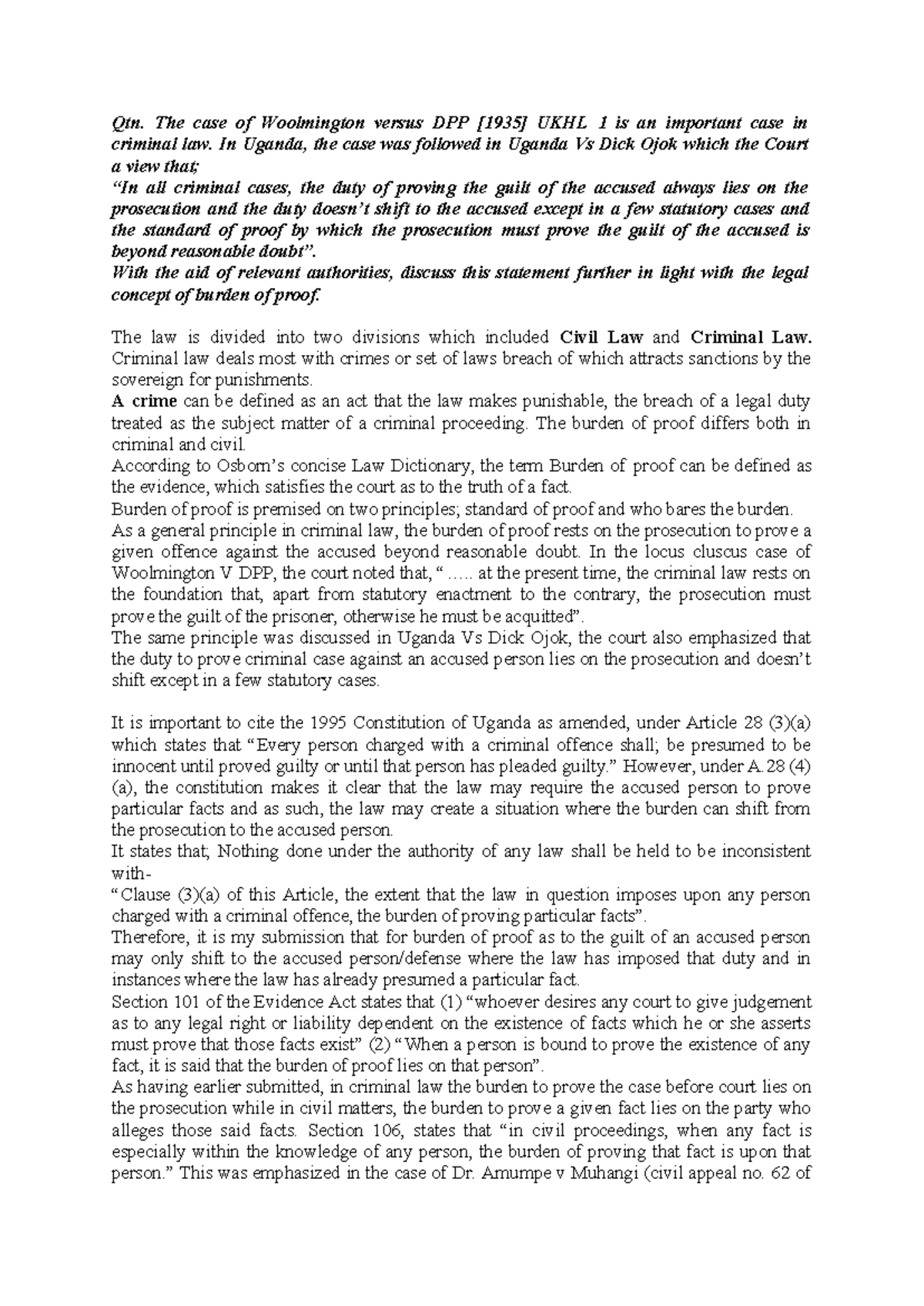 Burden of Proof - Summary Criminal law - Qtn. The case of Woolmington ...