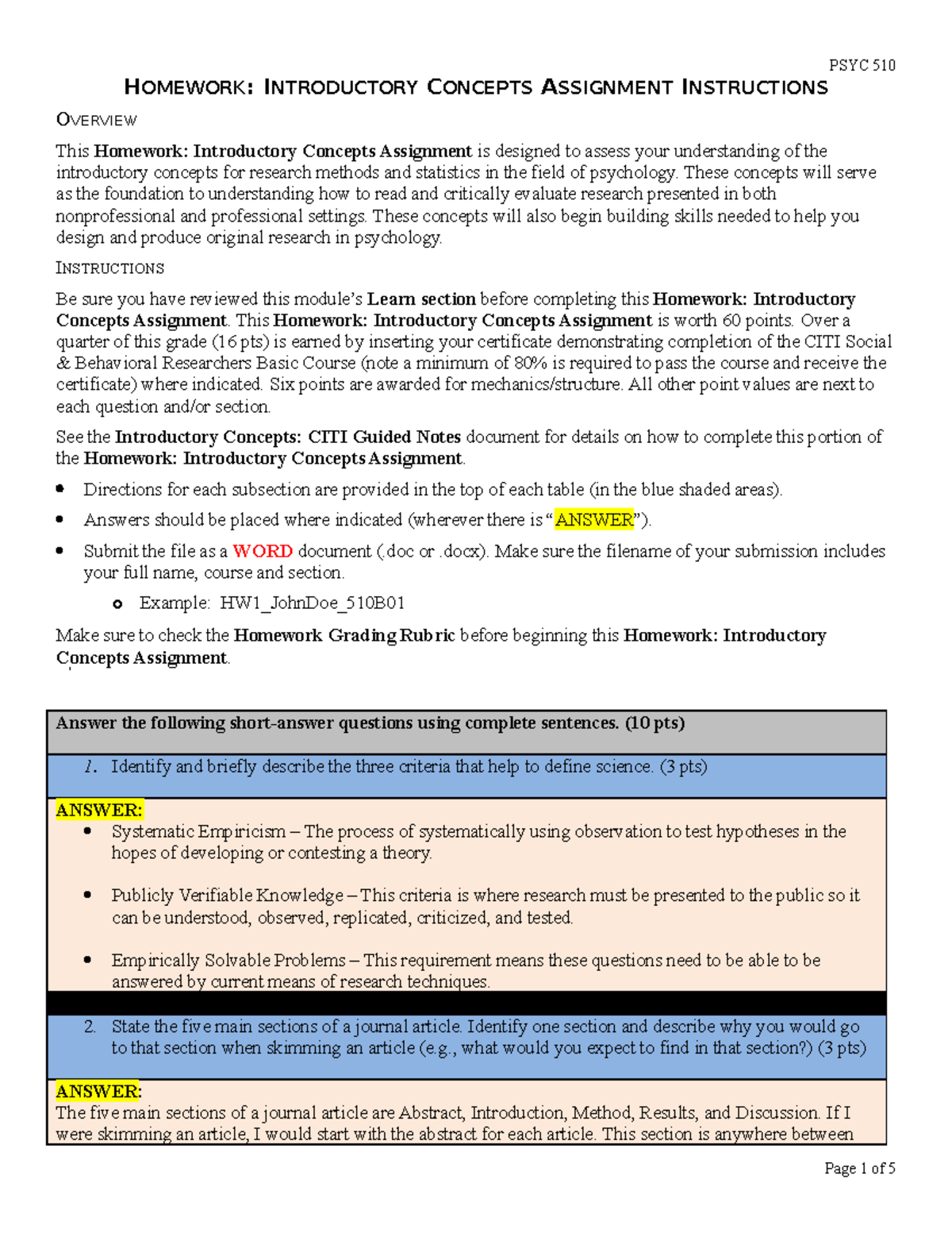 HW1 510B01 no grade - HOMEWORK: INTRODUCTORY CONCEPTS ASSIGNMENT INSTRUCTIONS OVERVIEW This ...