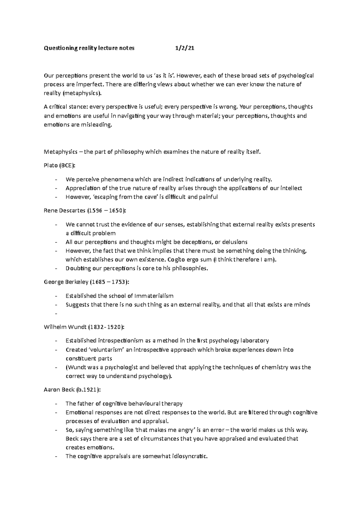 Questioning reality lecture notes - However, each of these broad sets ...