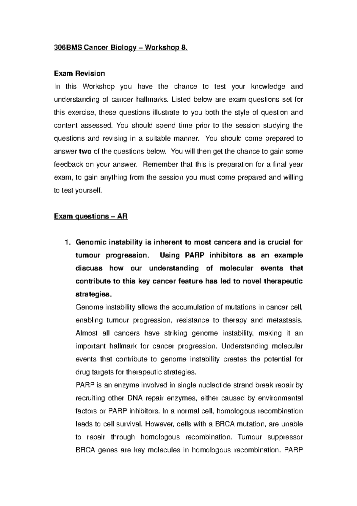 Exam January 2018, questions - 306BMS Cancer Biology – Workshop 8. Exam ...