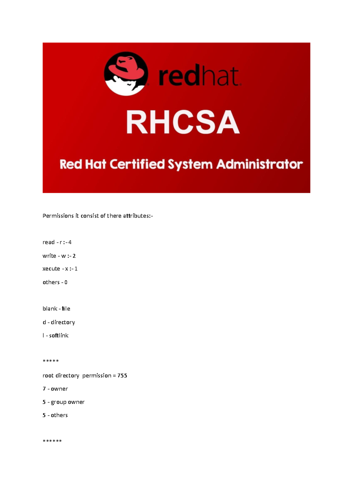 Red hat command - Permissions it consist of there attributes:- read - r ...